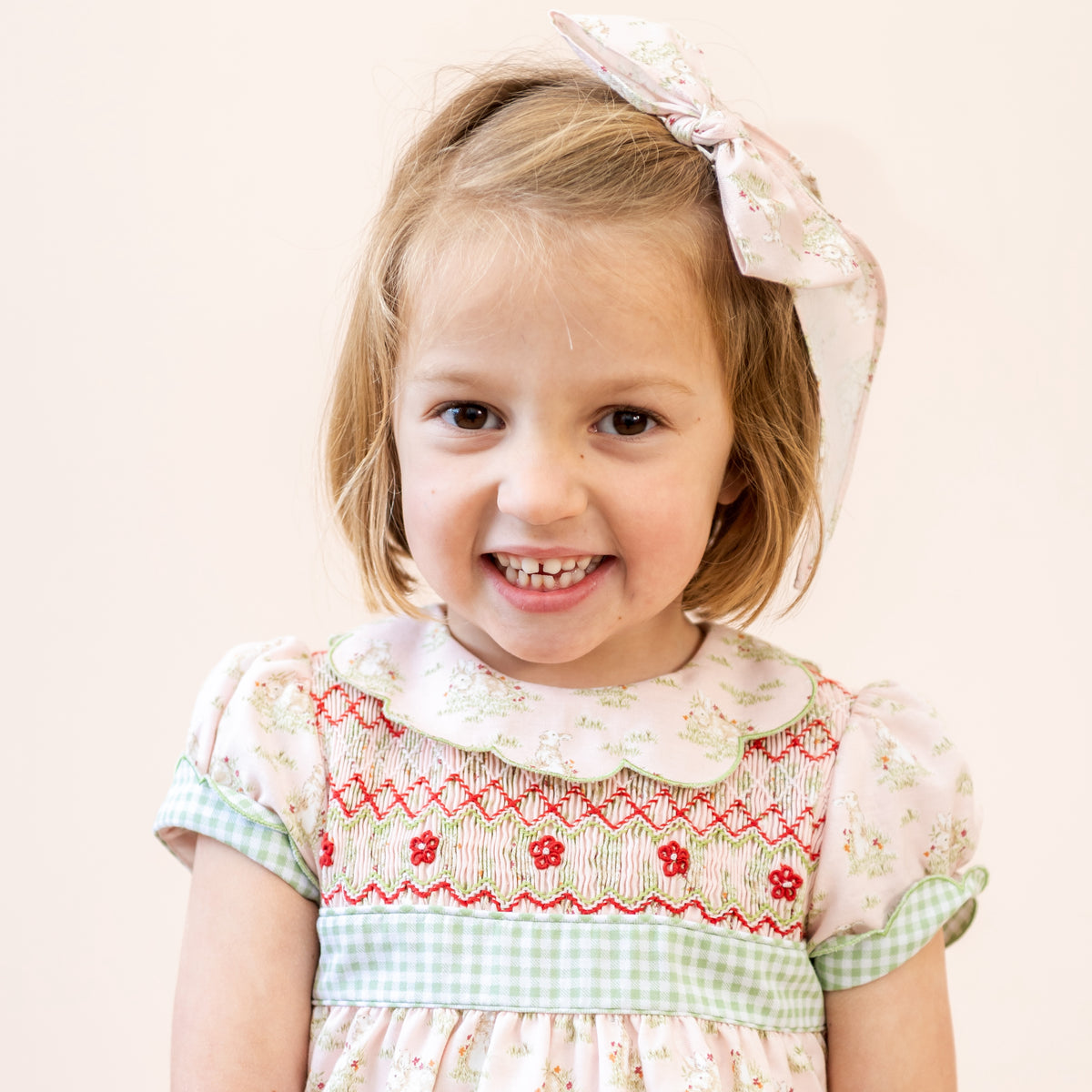 Anna Girl Dress – Blush Pink with Bunny Toile Print– Dondolo